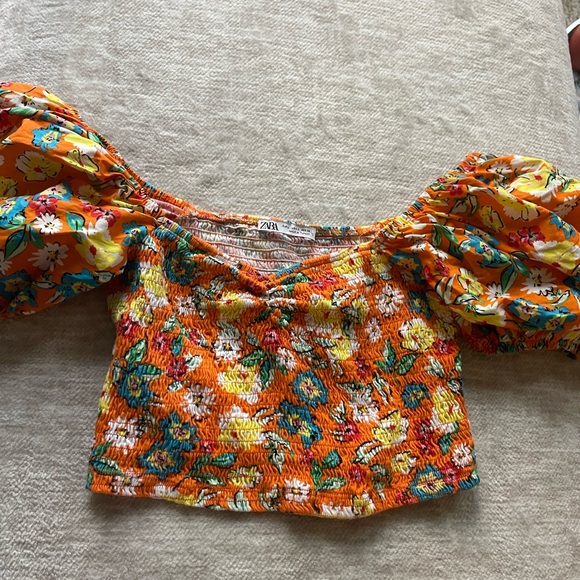 Zara | Tops | Zara Off The Shoulder Puff Sleeve Top Orangemulti | Poshmark